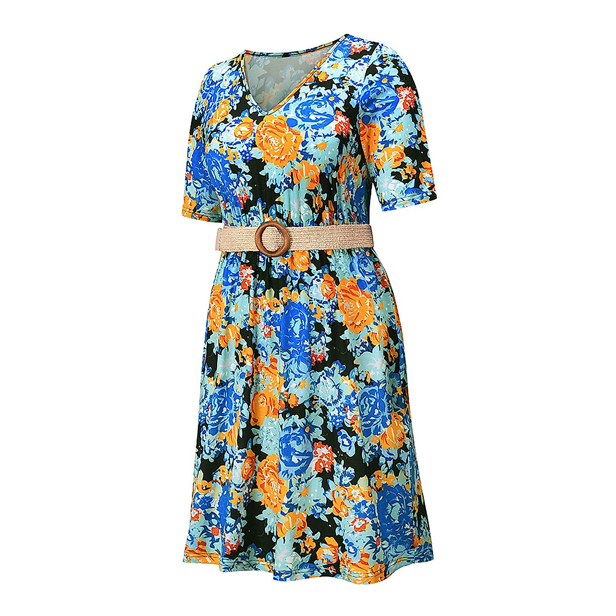 Office Dresses for Women for Work A Line Swing Casual Short Mini Dress Casual V Neck Ruffle Solid Color Flare Dress