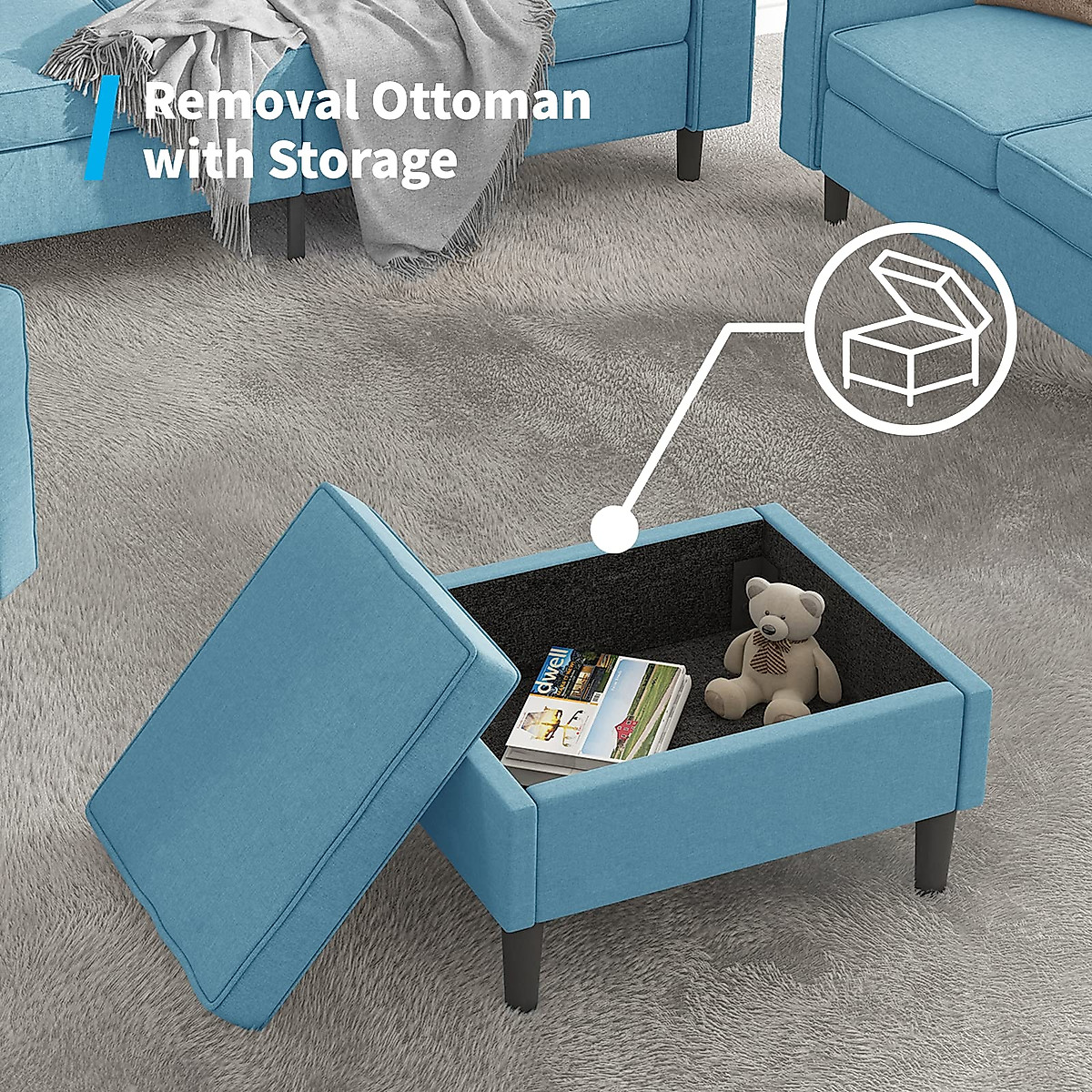 Mjkone Convertible Sectional Sofa Couch, 3-Seat L-Shaped Sofa with Storage Ottoman, Wooden Couch Legs Modern Linen Fabric Reversible Chaise for Living Room, Studio, Apartment - Blue