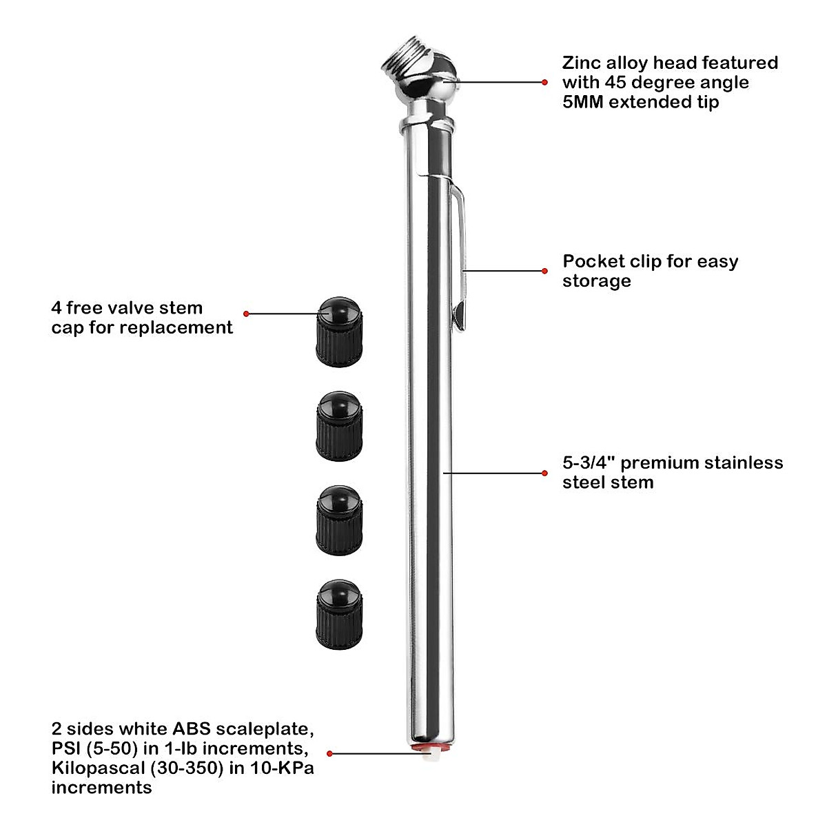 CZC AUTO Pencil Tire Pressure Gauge, Mechanical Air Gage, Stainless Stem Single Chuck with Pocket Clip Tyre Checker for Motorcycle Bike Car RV SUV ATV, 5-50PSI 30-350KPa (Silver, 1 Pack)