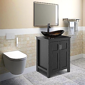 ARTETHYS 24 inch Bathroom Vanity Set - Combo MDF Sink Cabinet Vanity with Counter Top Glass Vessel Sink Vanity and 1.5 GPM Faucet (Single Vanity+Oval Golden Sink)