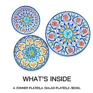 Melamine Dinnerware sets: Bisphenol A-free,Dishwasher Safe dinnerware sets,Non-breakable melamine plates,Service for 4 (12pcs) plates and bowls sets Ideal for indoors and outdoors Picnic, Camping.