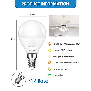 EvaStary Ceiling Fan Light Bulbs, 60W Equivalent E12 LED Bulb, Super Bright 600LM Daylight 5000K Small Base A15 Shape Candelabra Bulb for Chandelier, Ceiling Fans, Non-dimmable, 85-265V, 6 Pack