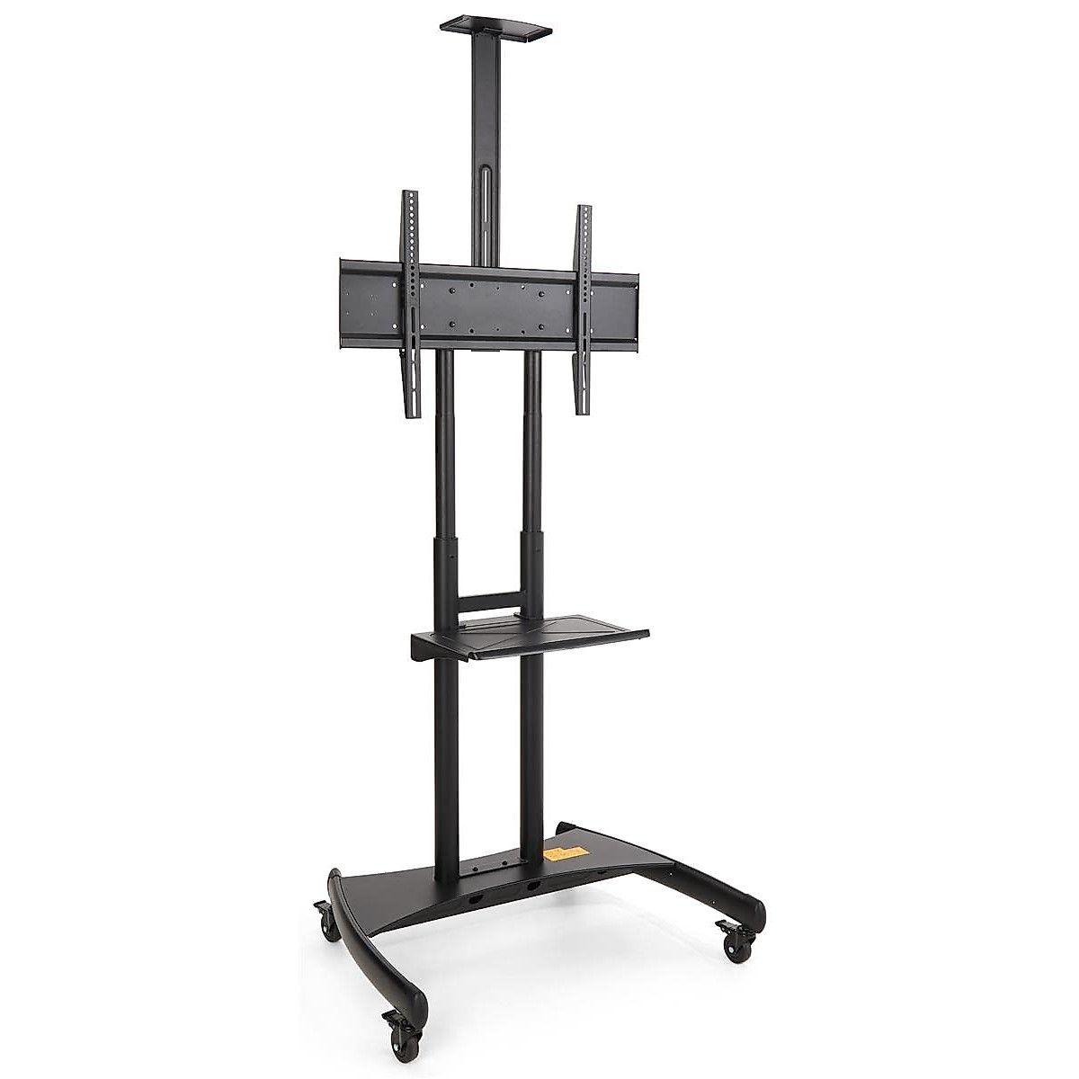 Displays2go Commercial Flat Screen TV Holder, Locking Wheels, Media Shelf, Aluminum Construction – Black (EM6580BK)