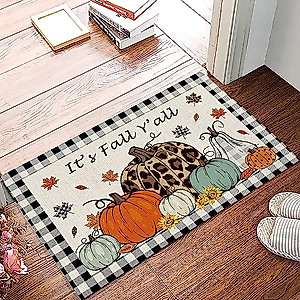 Thanksgiving Pumpkin Indoor Doormat Entryway Rugs, It's Fall Yall Autumn Maple Leaves Black White Plaid Floor Mats Front Door Decor,Absorbent Area Rugs 16x24 Inch Non Slip Rug Mats for Kitchen Bath
