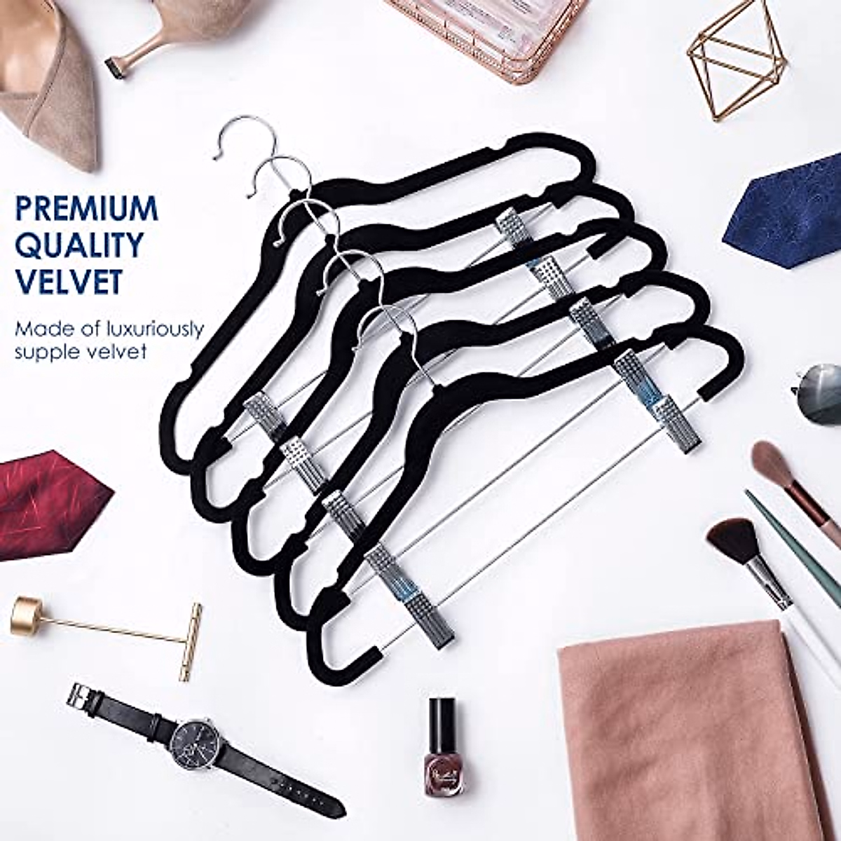 TIMMY 30-Pack Pants Hangers, 16.7-Inch Long Velvet Trousers Hangers with Adjustable Clips, Heavy-Duty, Non-Slip, Space-Saving ，360 ° Swivel Hooks Black Velvet Hanger