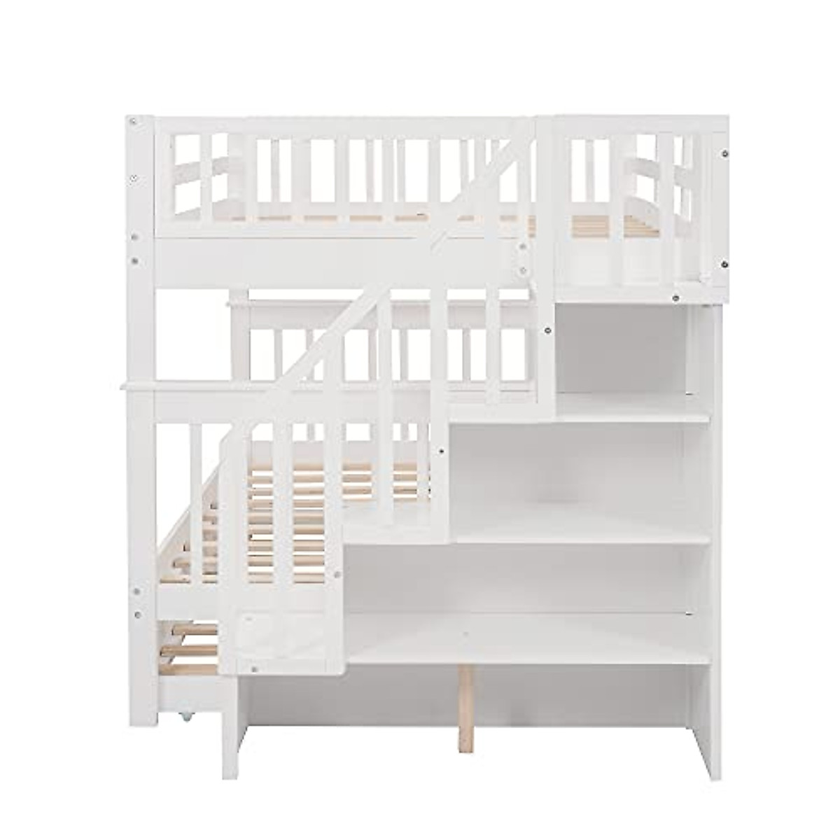 Full Over Full Bunk Bed with Trundle, Wood Full Bunk Bed with Storage Shelves, Full Over Full Bunk Bed Frame with Guardrails and Stairs for Kids Teens Adults, Can be Convertible into 2 Beds, White
