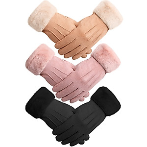 SATINIOR 3 Pairs Winter Warm Touchscreen Gloves Women's Fleece Lining Texting Gloves Fuzzy Soft Winter Gloves for Skiing(Black, Khaki, Pink)