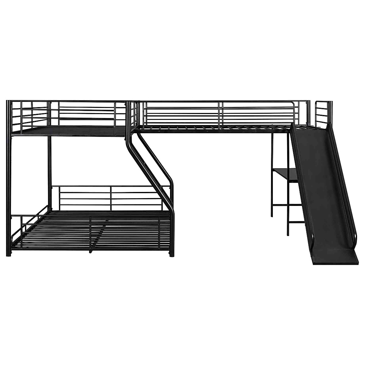 ATY L Shaped Full Bunk Bed with Twin Size Loftbed, Metal Bedframe w/Built-in Desk and Slide, for 3 People, Save Space Design, No Box Spring Required & Easy Assembly, Black