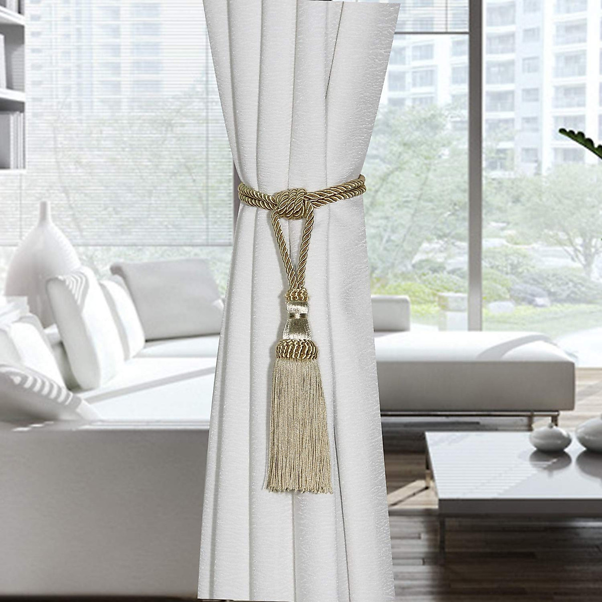 Fenghuangwu 2PCS Curtain Tassel Tiebacks, Handmade Tassels Curtain Tie-Backs Rope Holdbacks for Home Office Decor-Beige