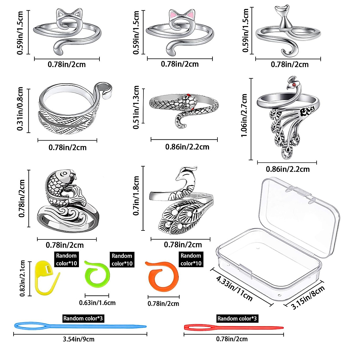 GYSYELL 8 Pcs Crochet Ring with 30 Stitch Markers and 6 pcs Large Eye Plastic Sewing Needles,Crochet Ring for Finger with Storage Box,Crochet Tension Ring for DIY Crocheting and Sewing Crafts
