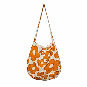 Women Aesthetics Crossbody Bag Crochet Fairycore Flower Bag Y2K Trendy Shopping Bag Knitted Tote Shoulder Bag (Orange)