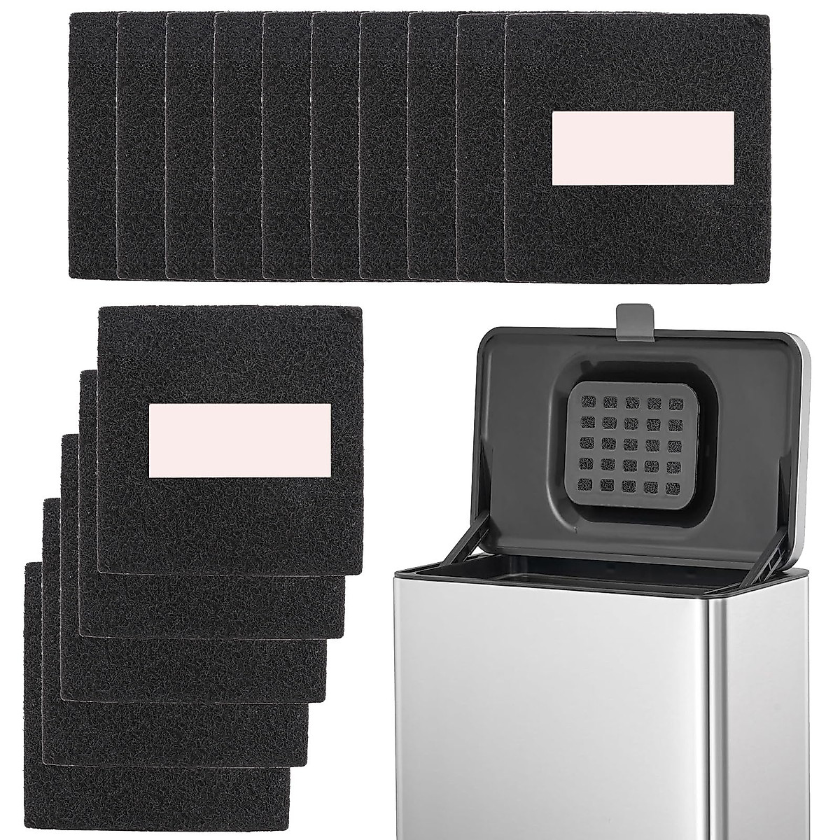 15 Pack Trash Can Odor Filter Refills for Trash Can and Compost Bin, Activated Charcoal Deodorizer Sheets for Indoor Kitchen Compost Bucket Countertop and Recycle Bin, Square 3.9 Inch