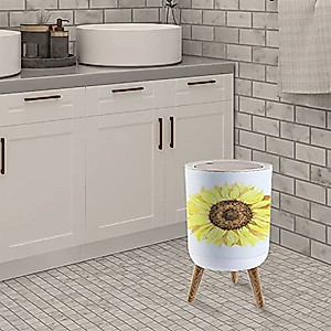 Watercolor Sunflower Inspirational Art Trash Can White Yellow Garden Round Farmhouse Garbage Bin with Lid Press Cover Wastebasket for Bedroom Kitchen Living Room Dorm 7L/1.8 Gallon