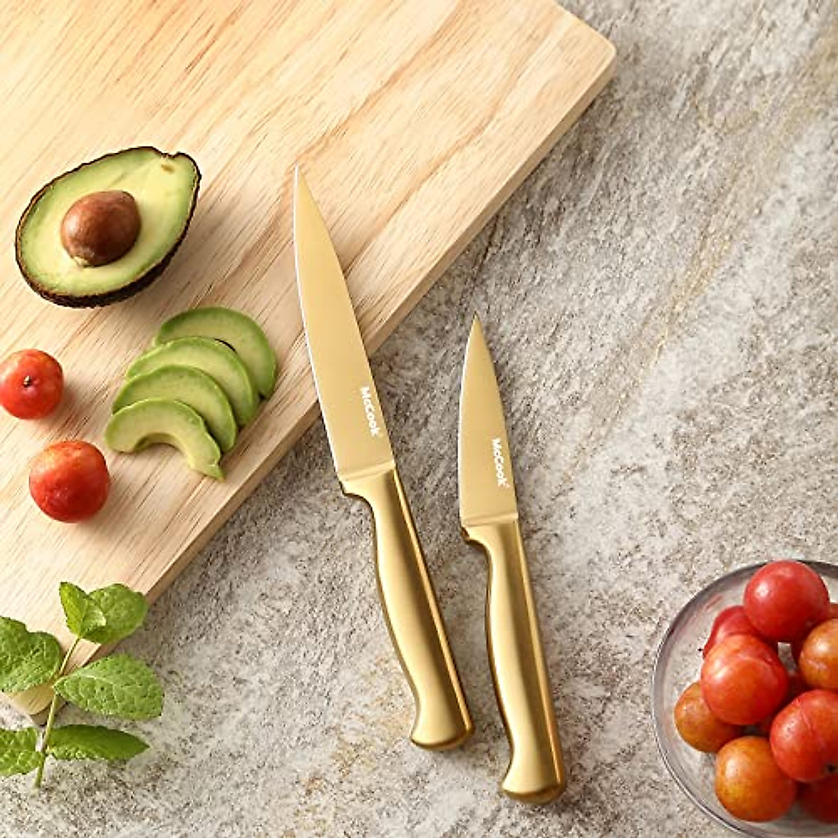 McCook® MC21G Knife Sets,15 Pieces Luxury Golden Titanium Kitchen Knife Block Sets with Built-in Sharpener