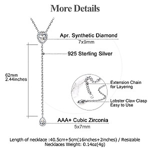 FOCALOOK 925 Sterling Silver CZ Teardrop Lariat Necklace 16"-18" Y Drop Adjustable April Birthstone Synthetic Diamond Necklaces for Women
