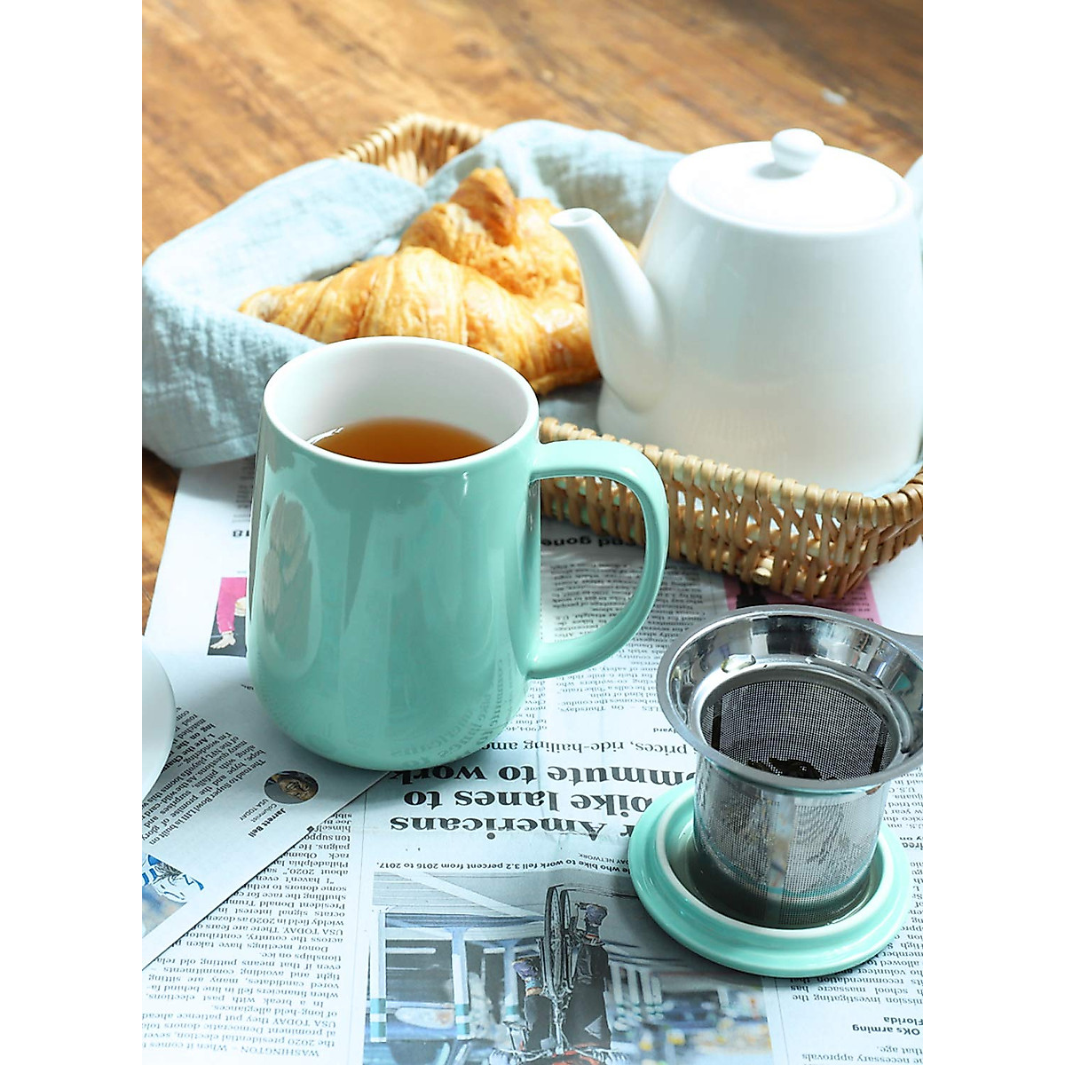 Sweese 20 OZ Porcelain Tea Mug with Infuser and Lid, Loose Leaf Tea Cup, Gifts for Tea Lover - Mint Green