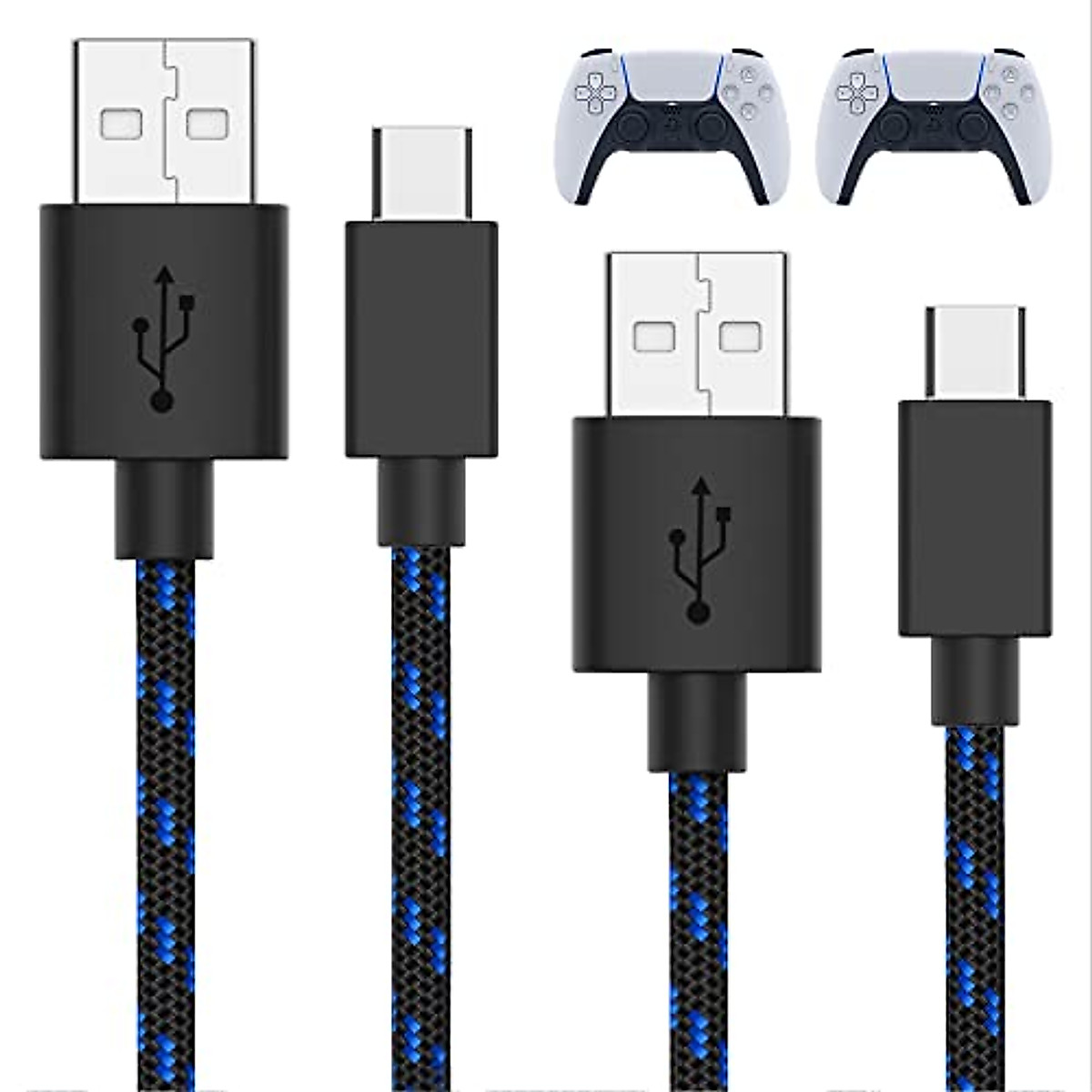 TALK WORKS Fast Charge USB-C Charger Cable for PS5 Controller - 10 Feet Long, Heavy-Duty Braided Type C Cord Charging Compatible with Sony Playstation 5 - Black-Blue (2 Pack)