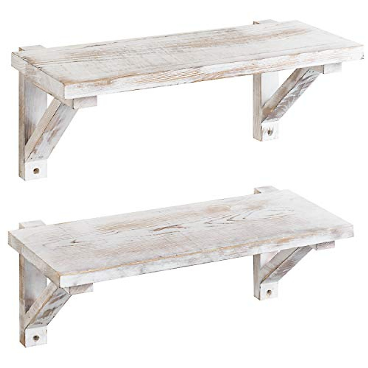 MyGift Wall Mounted Floating Shelves - 16.5 Inch Whitewashed Wood Decorative Shelf with Wooden Brackets, Set of 2