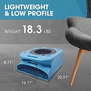 PURAERO Low Profile Air Mover Carpet Dryer Blower Floor Fan | 1/4 HP 1,100 CFM | for Crawlspaces, Attics, Basements, Bathrooms| Water Damage Restoration, Grow Rooms | PA-250-LP | Blue
