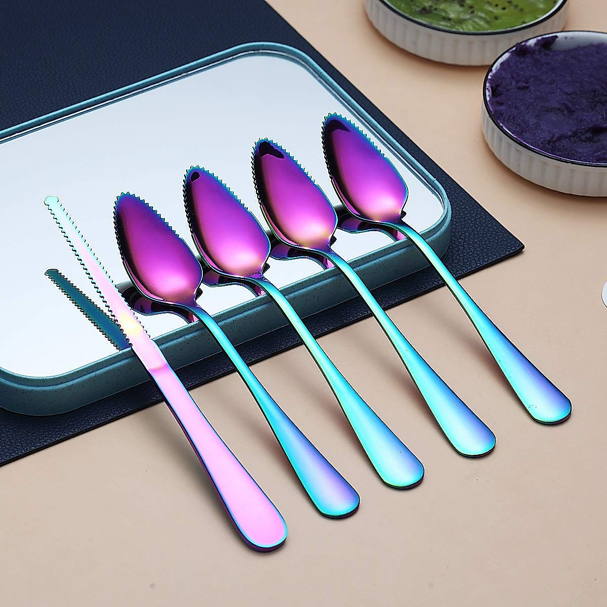 Rainbow Grapefruit Spoons 5 Pieces Set, 4 Stainless Steel Grapefruit Spoon And 1 Grapefruit knife With Titanium Plating, Grapefruit Utensil Set, Serrated Edges Spoon pack of 5 (Rainbow)