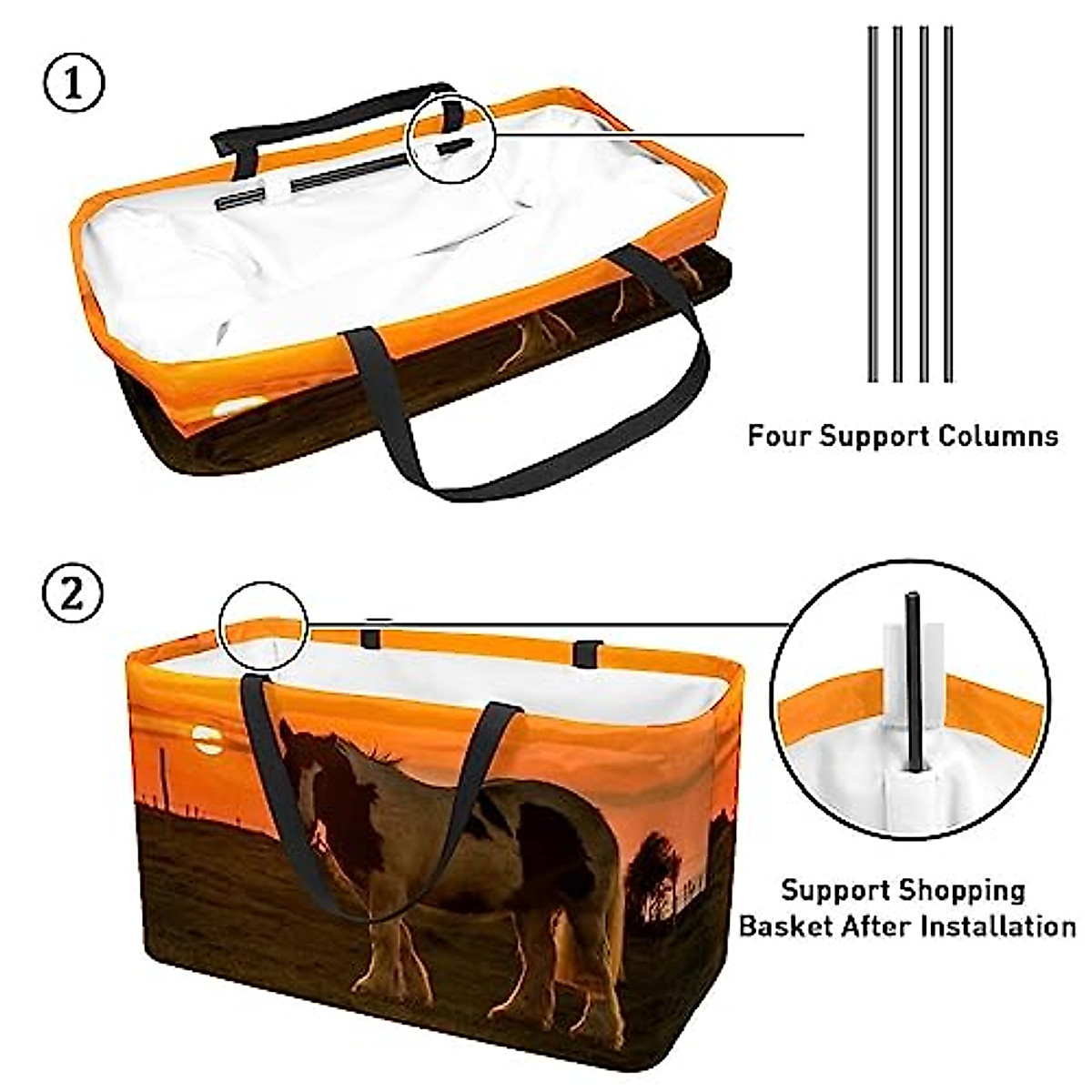 KQNZT Reusable Grocery Bags, Large Foldable Reusable Shopping Tote Bags Bulk for Groceries, Waterproof Kitchen Cloth Produce Bags with Long Handles, Animal Horse Sunrise