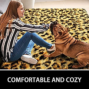 ECOBER Premium Fluffy Leopard Print Rug, Shaggy Leopard Rugs for Bedroom Living Room Kids Western Home, Soft Decorative Animal Printed Carpet, 4x6 Feet Khaki Black