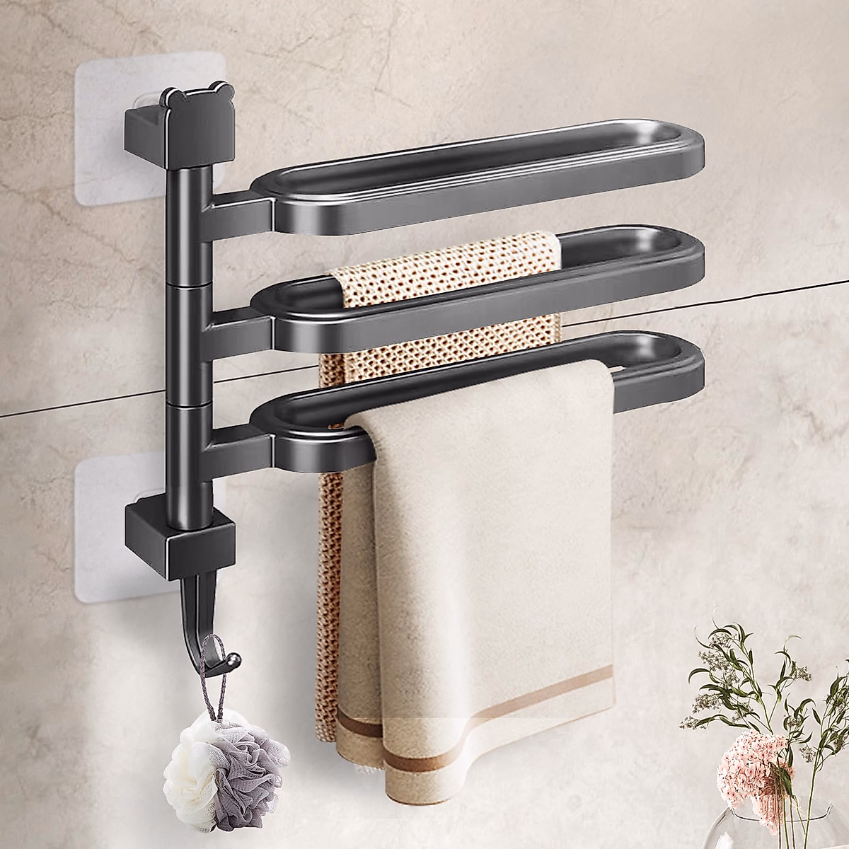 Pysrych No Drill Swivel Towel Rack Wall Mounted 3-Arm Towel Bar ABS Self-adhesive Towel Holder with Hook for Bathroom Shower Kitchen Black