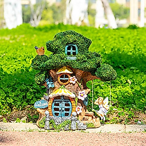 Ovewios Fairy House Garden Outdoor Decor, Large Garden Gnome House and Fairy Figurines with Solar Lights Waterproof Resin Ornaments Decorations for Patio Yard Lawn Gift
