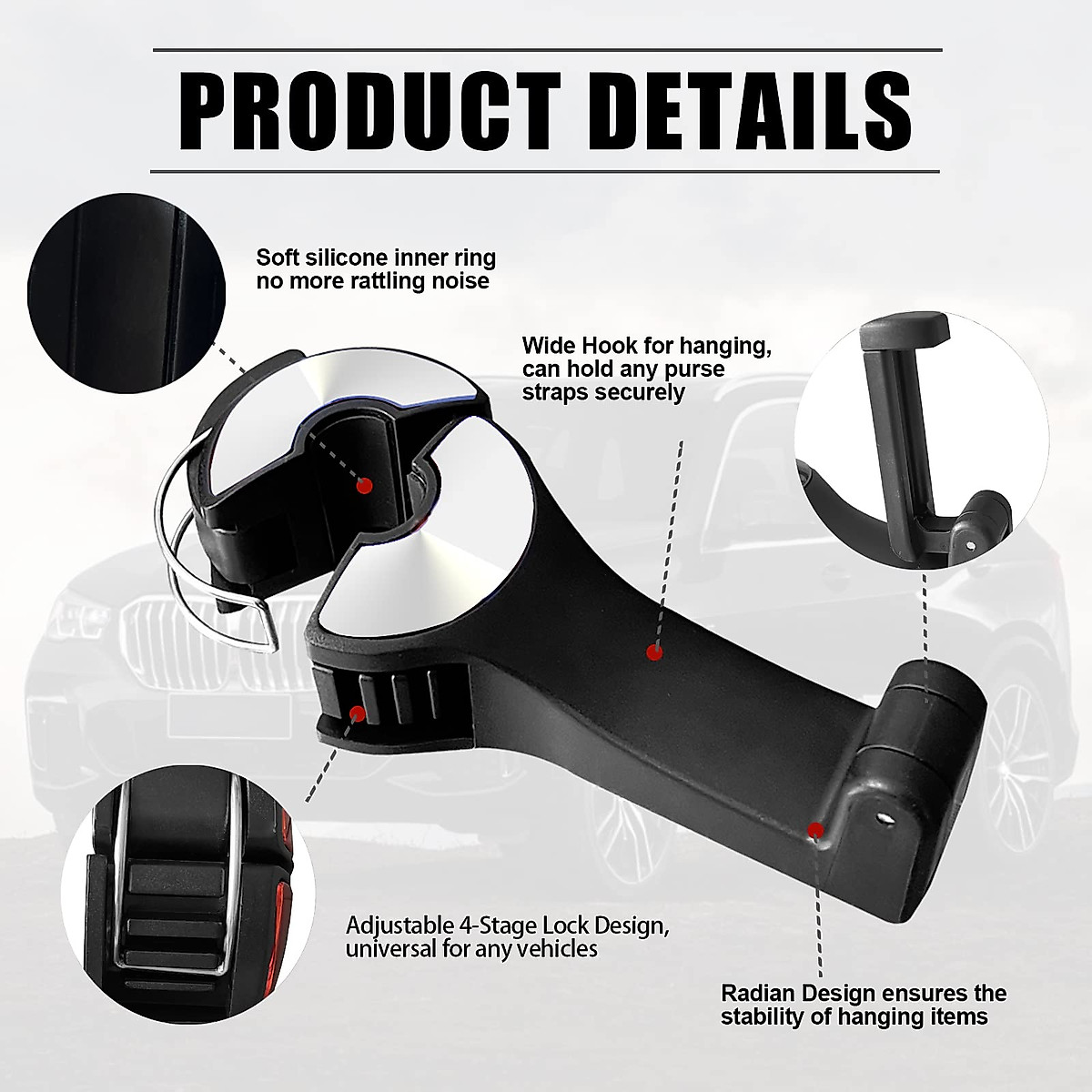 2pcs Car Headrest Hidden Hook 2 in 3 Car Seat Hooks, Universal Car Headrest Storage Organizer Hanger Hook, General Purpose - Car Storage Box, Falling Resistance-Silver