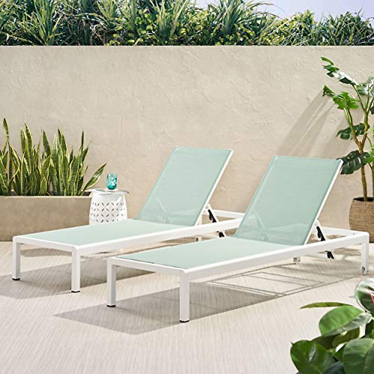 Christopher Knight Home Vanessa Coral Outdoor Chaise Lounges (Set of 2), Green and White