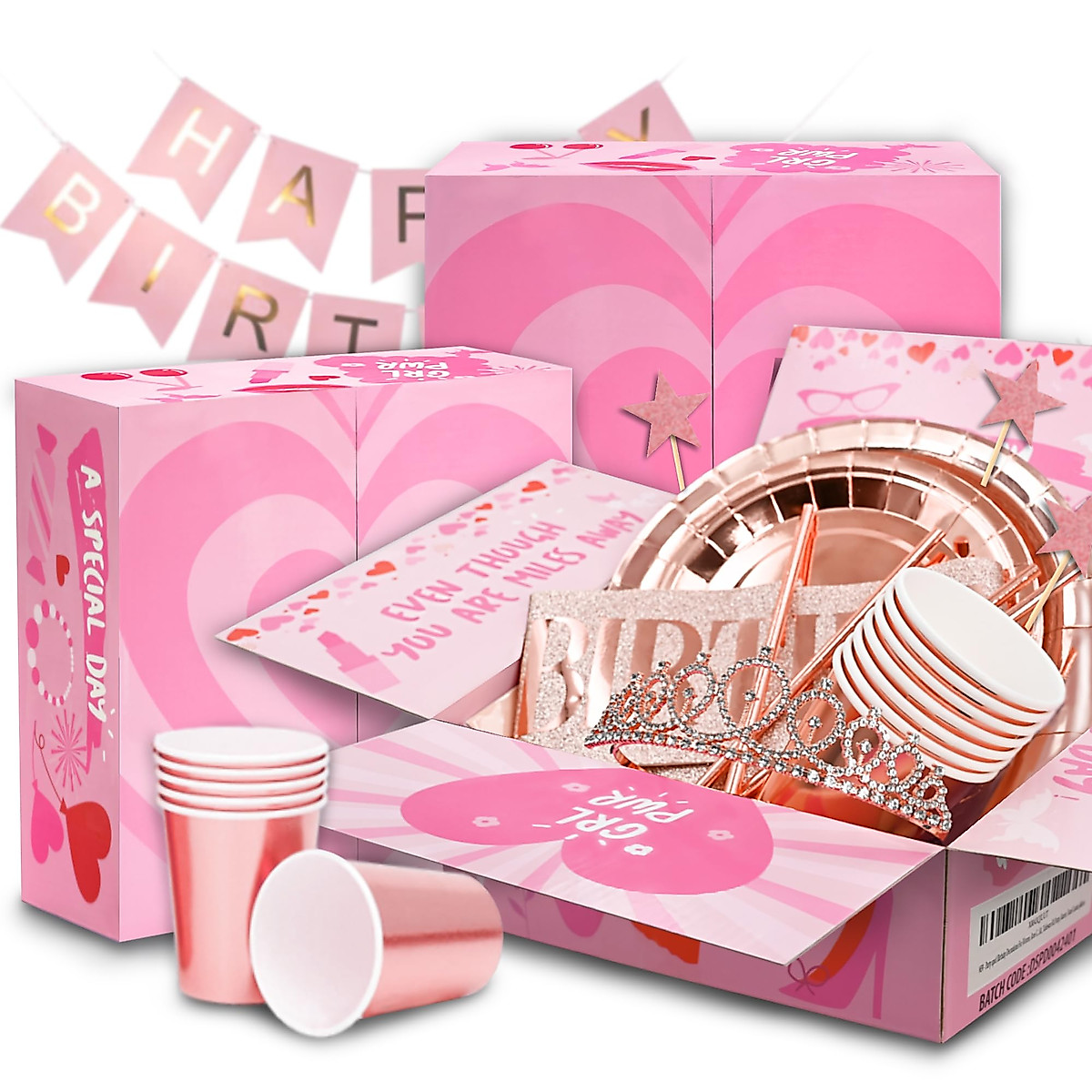 Party spot! 253 Pcs Birthday Decorations For Women, Rose Gold Party Decorations, Happy Birthday Decorations - Balloon Stand Kit, Tableware Kit,Pump, Banner, Tassel Curtain,Balloon, For 25 Guests