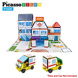 PicassoTiles 80pc School, Hospital, Police Station 3-in-1 Theme Magnet Self Adhesive Backing Stick-On Puzzle Graphic Kit and Overlay Maps for Magnetic Building Blocks STEM Learning Construction Toy