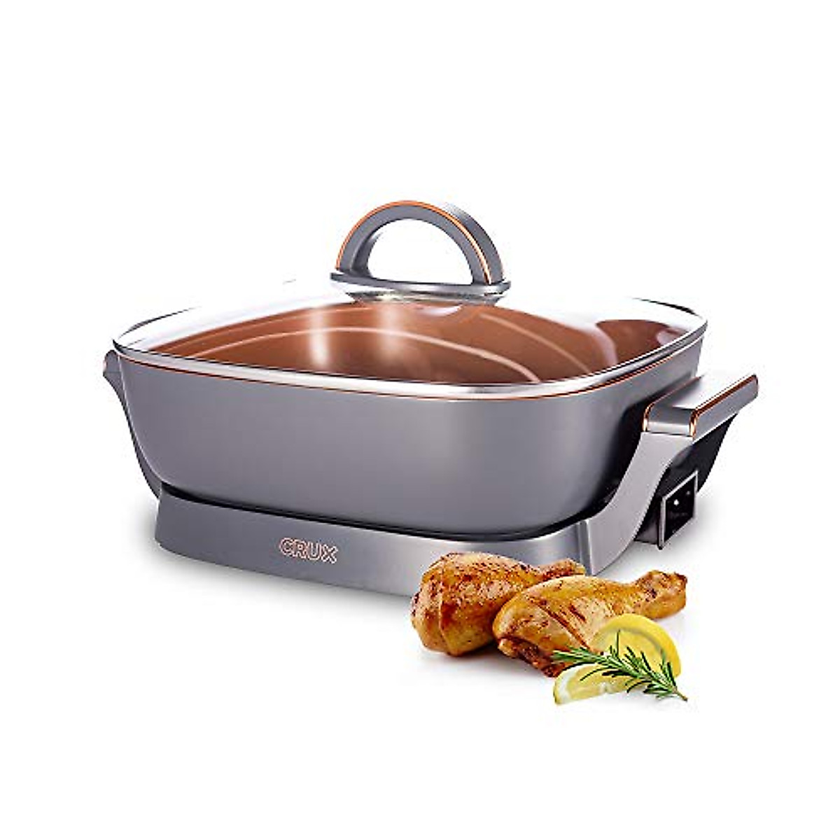 Crux Extra Deep Nonstick Scratch Resistant Electric Skillet with Removeable Temperature Probe, 12" x 12", silver (14620)