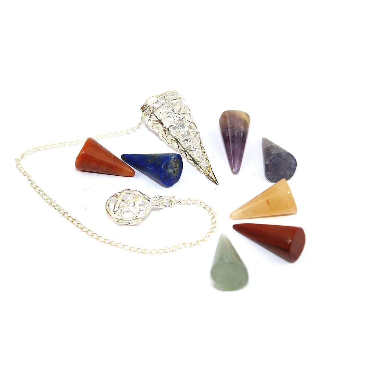 Jet International Jet Chakra Cage Pendulum 2" Free Booklet Crystal Therapy Interchangeable Chakra Cone Silver w/Pouch Divination Wicca Yes/No Pagan (Pentacle Star)