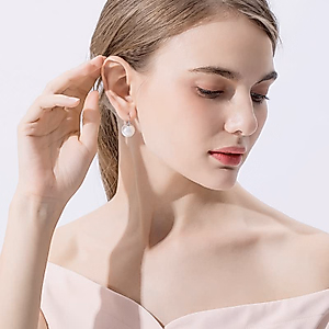 HUGE TOMATO Akoya White Pearl Drop Earrings, 14mm Elegant Big Pearl Earrings S925 Silver Pin Clasp for Women Fashion, Dangle Hoop Earrings for Gift