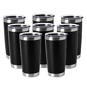 HASLE OUTFITTERS 20oz Tumblers Bulk Stainless Steel Cup with Lid Double Wall Vacuum Insulated Coffee Mug for Cold & Hot Drinks 8 Pack, Black