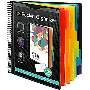 KTRIO 12 Pocket Poly Project Organizer, Binder Organizer Spiral Project Folder Multi Pocket Folder Binder with Pockets Letter Size, Back Cover Utility Pouch, 6 Tab Color Dividers, School Supplies