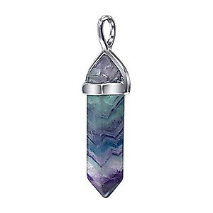 Silver Plated Fluorite Gemstone 1.5 X .2 inch Hexagonal Bullet Point Pendulum Pendant