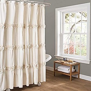 Lush Decor Darla Ruched Floral Bathroom Shower Curtain, 72” x 72”, Ivory