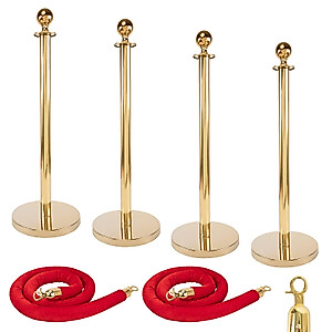 Gold Crowd Control Stanchions, Red Velvet Rope Stanchion Set, Stanchion Posts Queue Pole with 5 ft/1.5 m Red Velvet Rope - Stanchions and Velvet Ropes for Movie Theater (38 Inch, 4Pcs)