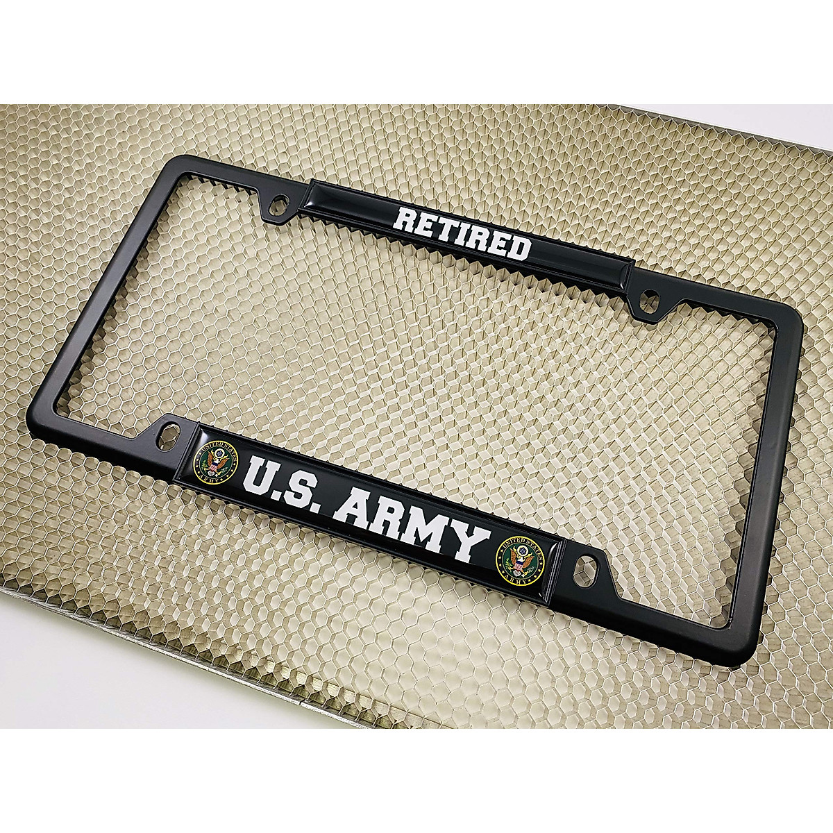 [Officially Licensed Product] - U.S. Army Retired - Domed Custom-Made Personalized Narrow (Thin) Top 4 Hole Metal Car License Plate Frame with Free caps - Black (Quantity: 1 Frame)