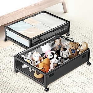 UEAKPIC Under Bed Storage Containers with Wheels, 2 Pack Under Bed Shoe Storage Organizer, Rolling Under Bed Storage Metal Drawer, Under Bed Storage Bins for Clothes, Toys, Blankets, Books