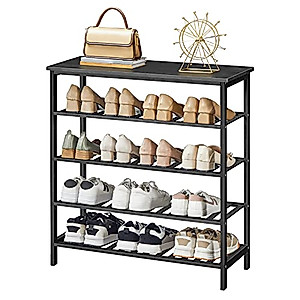 HOOBRO Shoe Rack, 5-Tier Shoe Rack for Entryway, 29.5" L x 11.8" W x 31.5" H, Holds 16-20 Pairs of Shoes, Multifunctional Bamboo Shoe Shelf Storage, Stable and Study, for Closet, Black, BB70XJ01