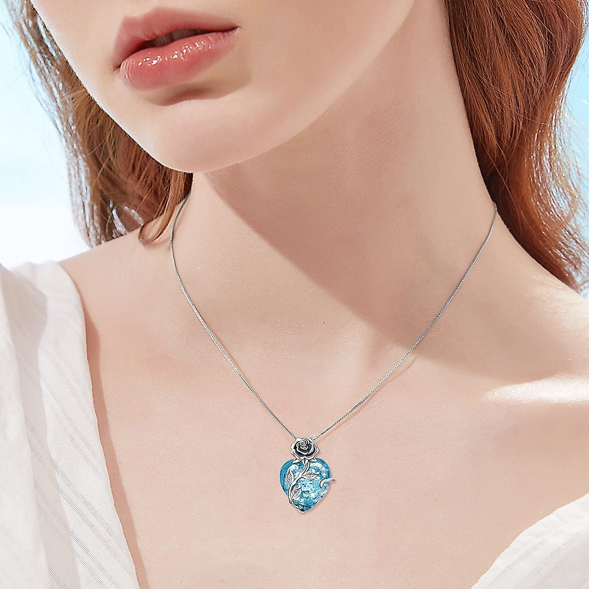 OCJ Aquamarine Necklace for Women March Birthstone Necklace 925 Sterling Silver Heart Rose Flower Pendant Jewelry Gifts for Women Her Mom Wife Daughter Friends Ladies Anniversary Birthday Gifts Ideas