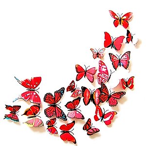 FOVSHNG 24PCS 3D Butterfly Wall Decor Butterflies Decals Removable Butterfly Wall Stickers for Girls Kids Bedroom and Room Decoration Mural Red