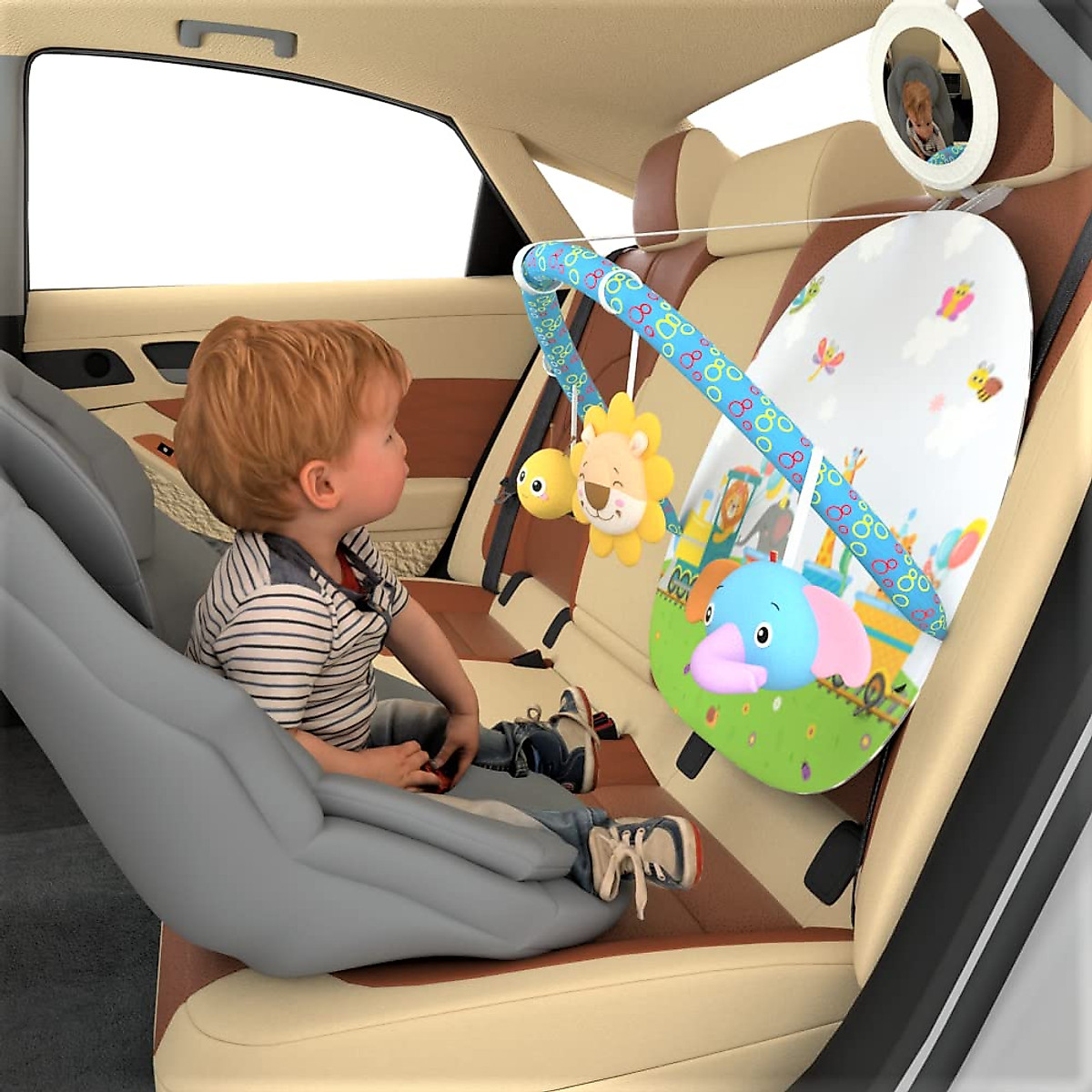 Baby car seat toy for travel with Rear Mirror, Car seat Double Sided Arch activity center Hanging Squeaky toy for infant 0-36 Months