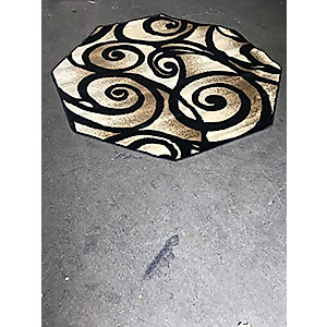 Bellagio Modern Octagon Contemporary Area Rug Black Swirl Design 341 (4 Feet X 4 Feet )
