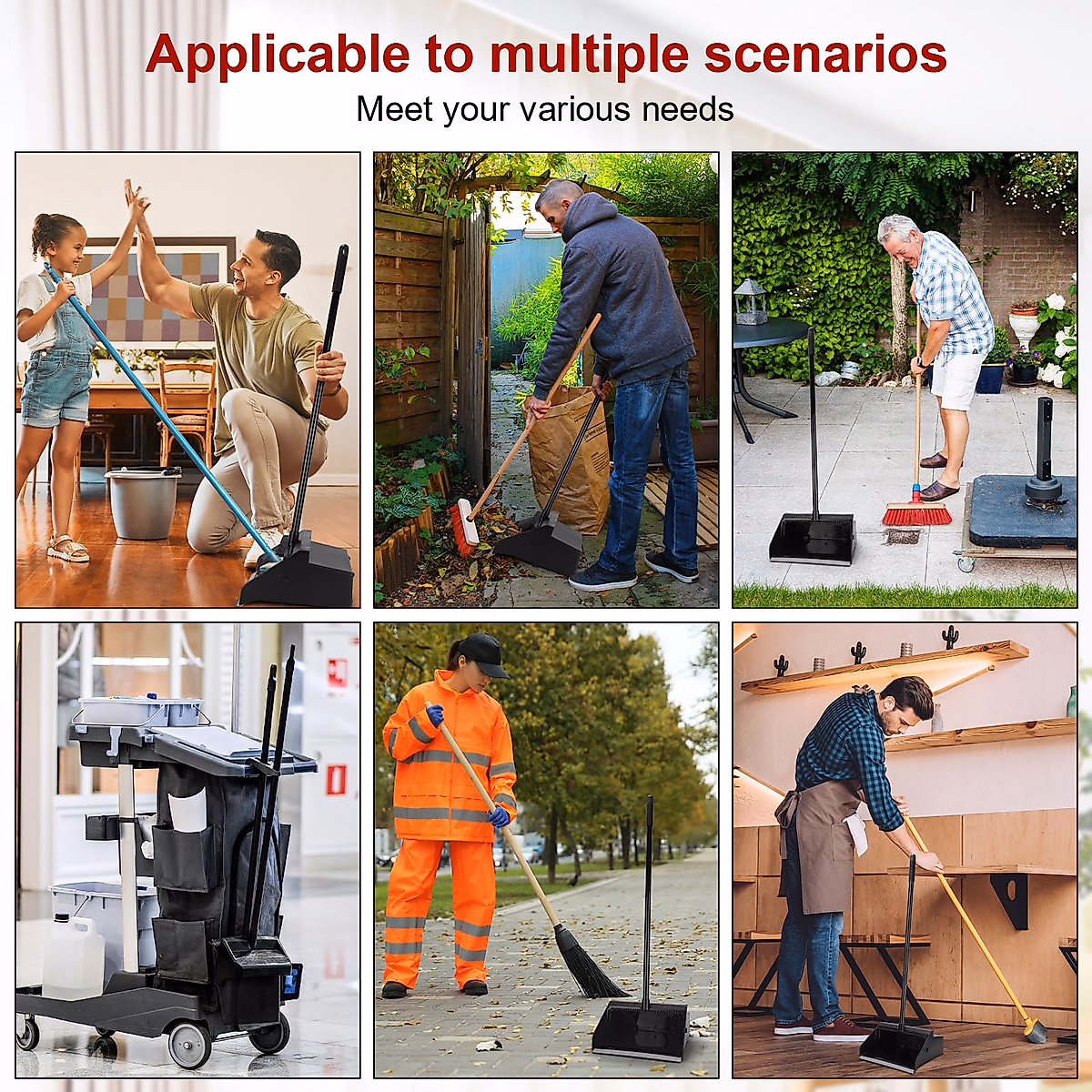 Leumoi 8 Pcs Lobby Dust Pan 36.6 Inch Upright Dust Pan with Serrated Yoke Dustpan Long Handle Plastic Commercial Dustpan for Wet Dry Floor Cleaning Home Office Restaurant Indoor Outdoor Use (Black)