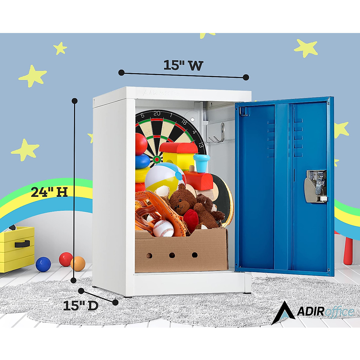 AdirOffice Kids Steel Metal Storage Locker - for Home & School - with Key & Hanging Rods (24 in 1 Door, Blue)
