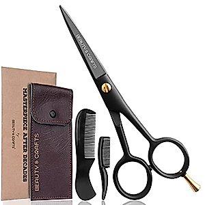 Beauty & Crafts- 5'' German Beard Mustache Scissor- 2 Mustache Combs For Facial Hair with Beautiful Pouch - Beard Trimming Scissors Use For Grooming, Cutting, And Styling Of Mustache (Black)